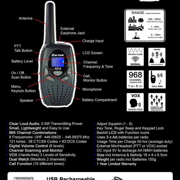 Zartek RX-8 Rechargeable Two-Way Radios - (Twin Pack) – New World